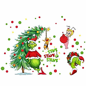 Merry Christmas Wall Decals Stickers Christmas Grińch Wall Decor Reusable 3D Self-Adhesive Holiday Wall Stickers Christmas Party Decorations Home Kitchen Living Room Wall Art Decor 2 Large Sheets