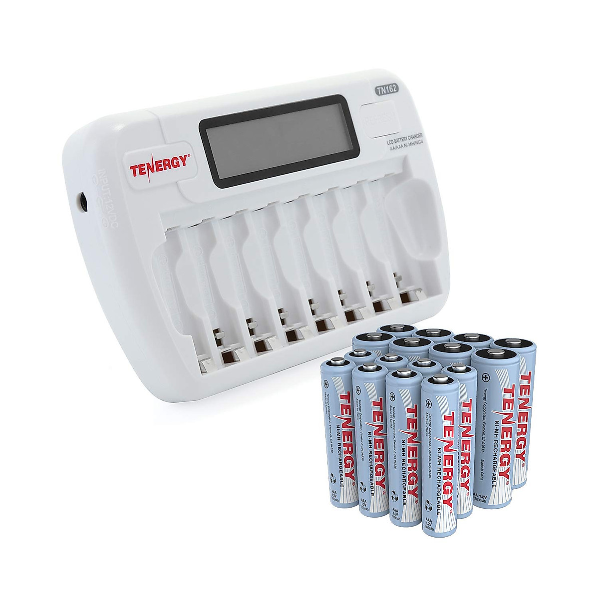 Tenergy AA AAA Rechargeable Battery and Charger Combo TN162 8-Bay Smart LCD AA/AAA NiMH/NiCd Charger + 8 AA & 8 AAA NiMH Rechargeable Batteries