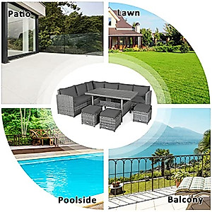 LUKEO 7 PCS Patio Rattan Dining Set Sectional Sofa Couch Ottoman Garden Gray for Yard, Patio, Poolside, Porch, Etc