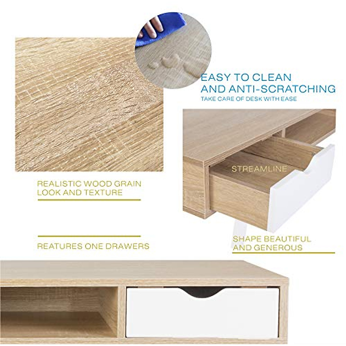 JJS Home Office Writing Desk with Drawers, Modern Computer Study Wooden Desk Table Laptop PC Workstation with Storage, Mid Century White Oak