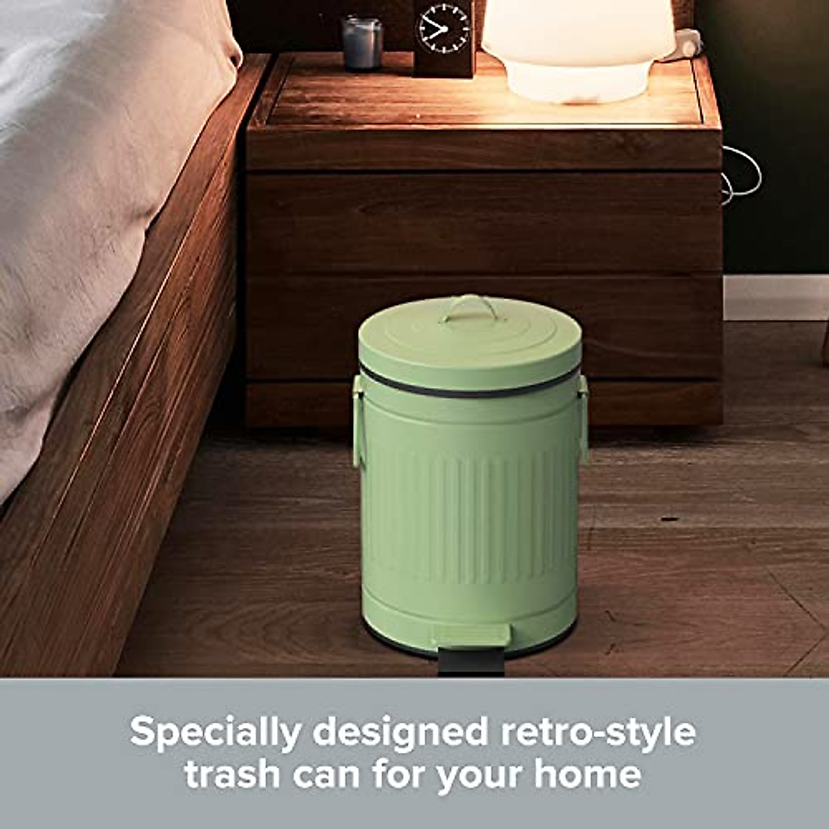Retro Trash Can with Lid - 5L/1.3 Gal Step Trash Can w/ Soft Closing Lid - Round Garbage Can w/ Handles - Touchless Trash Can w/ Removable Garbage Guard Bucket - Outdoor Garbage Bin - Small Trash Can, Green