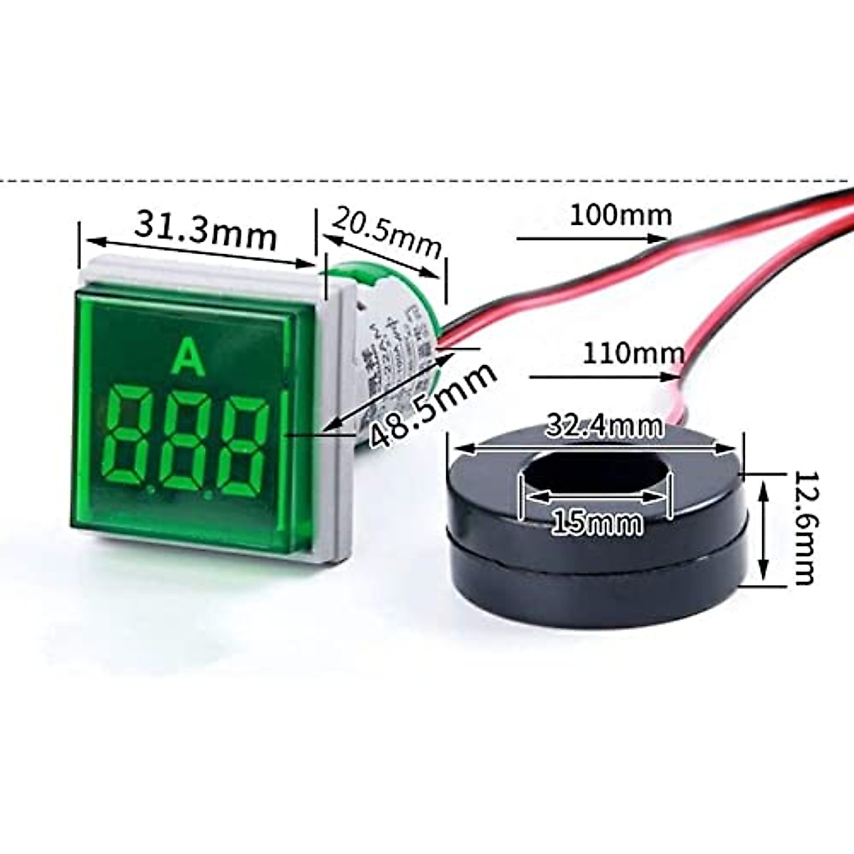 Szliyands Digital Display AC Current Indicator, 22mm Square Head LED Current Tester 0~100A Ammeter Monitor (Green)