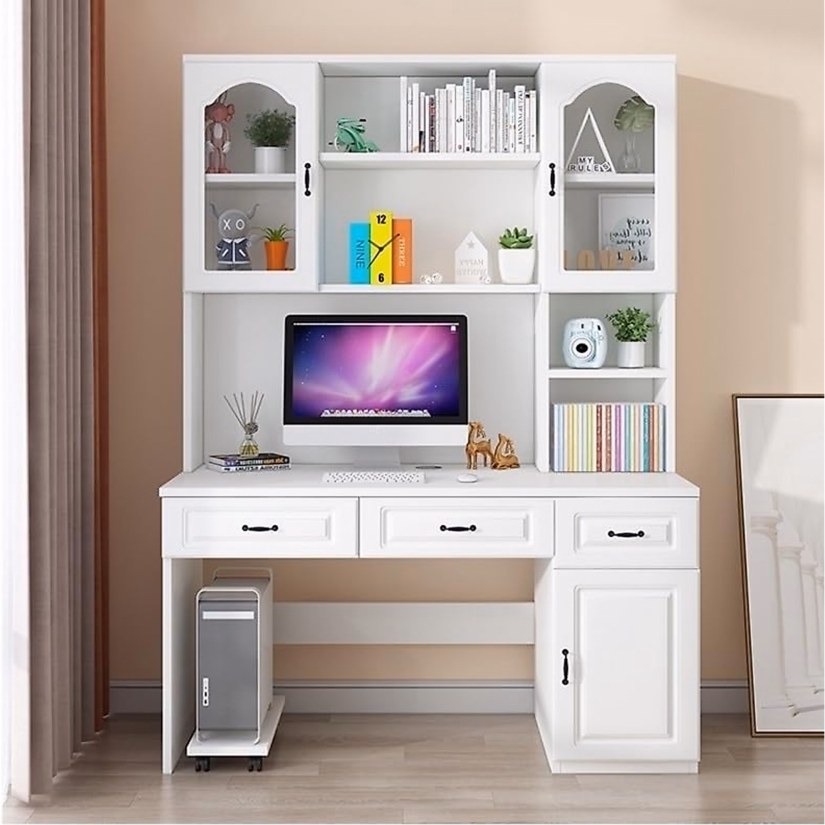 KIRANDY Girls' Bedroom Study Desk and Bookshelf Combo, Computer Desk with Drawers (Color : White 90x50x182.5cm Solid Wood)