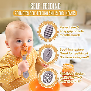 HippoBaby 4pc Silicone Self feeding baby utensils 6-12 months, 3 baby spoon, 1 baby fork, Toddler Cutlery Set, BPA Free, Dishwasher Safe, Baby eating essentials (Light pink/Army Green)