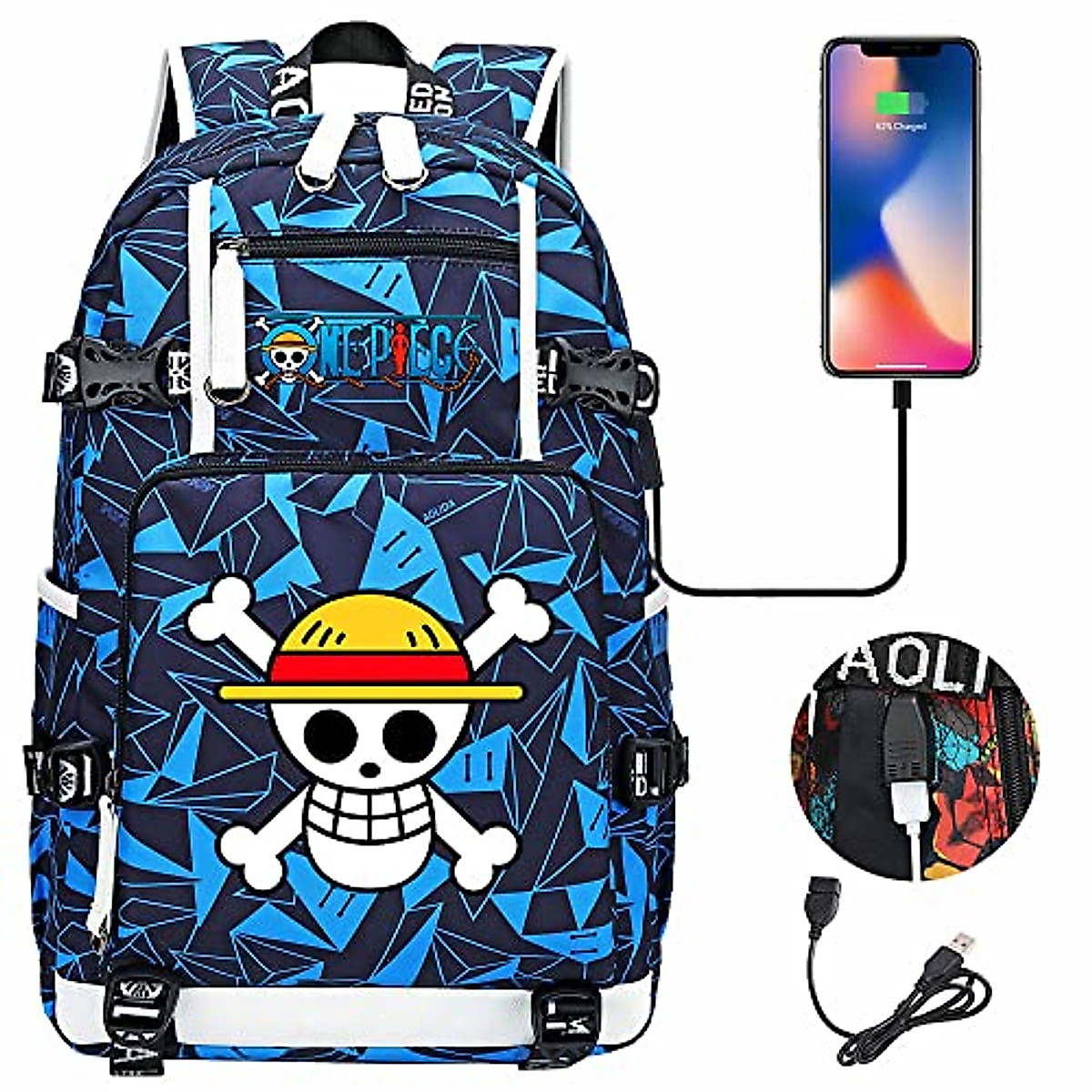 Anime One Piece Character LOGO Printing Luffy Backpack with USB Charging Port Large Capacity Fashion Laptop Backpack (K3-1)