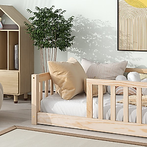 Brafab Montessori Floor Bed with Safety Guardrails and Door, Twin Size Solid Pine Wood Floor Bed Frame with Slats, Full Length Fence for Girls, Boys, Child Bedroom, Kids Playroom (Natural)