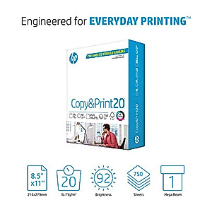 HP Printer Paper | 8.5 x 11 Paper | Copy &Print 20 Lb | 1 Bulk Pack - 750 Sheets | 92 Bright | Made in USA - FSC Certified | 200030R