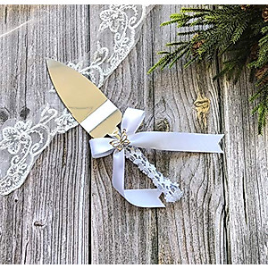 Abbie Home Wedding Cake Knife and Server Set - Flower Wrapped Handle with Silk Bow and Rhinestone Jewelry Décor (Butterfly)