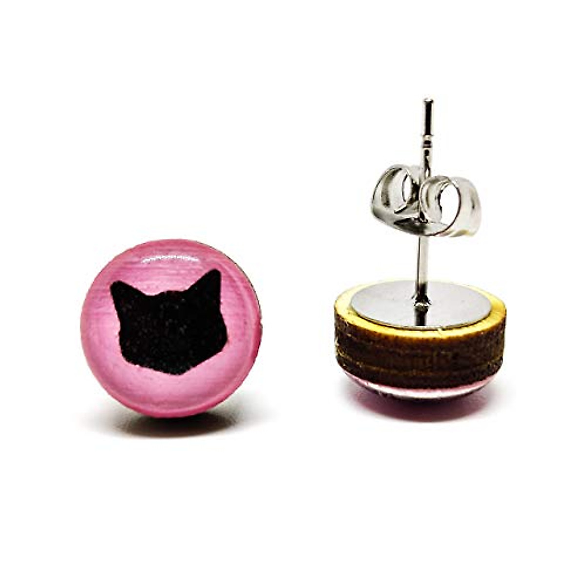 Stud Earrings, Light Pink Black Cat, 10 mm, Handmade, Stainless Steel Posts for Sensitive Ears
