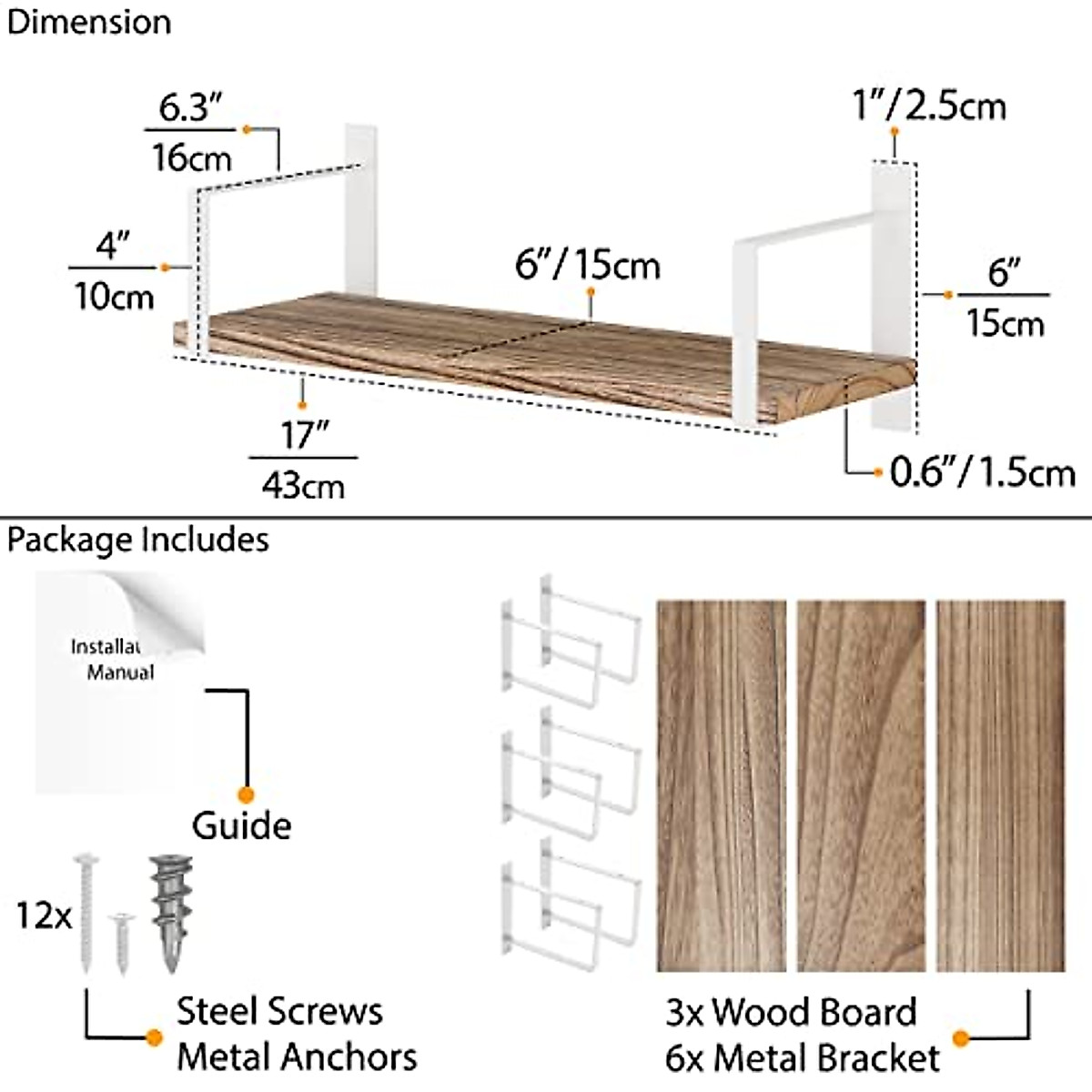 Wallniture Toledo 17"x6" Floating Shelves for Wall Storage, Wall Shelf for Living Room, Bathroom Organization, Bedroom, Office & Kitchen Shelves Burnt Finish Set of 3