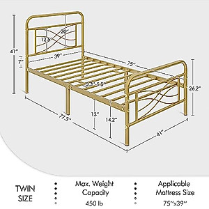 Topeakmart Twin Bed Frames Metal Bed with Vintage Style/Criss-Cross Design Headboard/Mattress Foundation/No Box Spring Needed/Under Bed Storage/Strong Slat Support Antique Gold Twin Bed