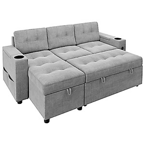 Sofa Bed- 2 in 1 Pull Out Couch Bed with Storage Space and Arms,Sleeper Sofa with Pull Out Bed,L-Shaped Sofa Couch Bed,1 USB-A, 1 Type-C,Pull Out Couch for Living Room ,Linen Sectional Sofa,Grey