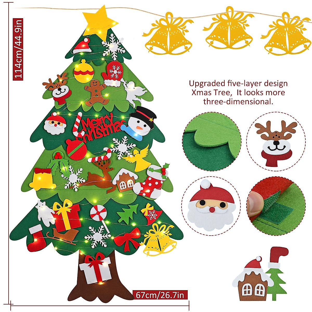 WooEver DIY Felt Christmas Tree Set 3.5ft, Xmas Decorations Wall Hanging 33 Detachable Ornaments with String Light Kids Gifts New Year Party Supplies (Batteri Not Included)