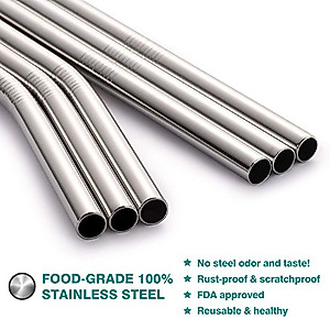 Reusable Smoothie Straws and Milkshake Straws with Silicone Tips , 9mm/0.35" Stainless Steel Wide Straws, Hiware 6 Pack 10" Metal Straws for Smoothies, Milkshakes, Jumbo Drinks with 2 Cleaning Brushes