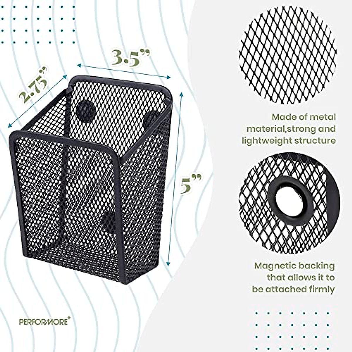 2 Pack of Magnetic Metal Mesh Pen Holder, Black Stainless Steel Pencil Holder with Magnets, Basket Storage Organizer for Whiteboard, Blackboard, Kitchen, Locker, Home, or Office