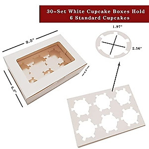 MonYouGe 30-Set Cupcake Boxes Bulk with Clear Display Window Hold 6 Standard Cupcakes, Disposable Food Grade White Cupcake Carrier Cupcake Container, Perfect for Cupcakes Muffins Cookies Pastries