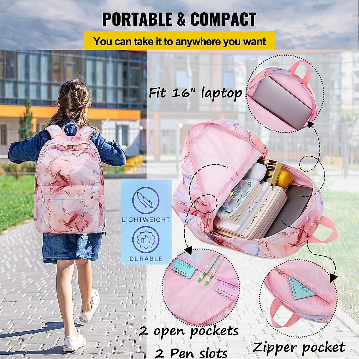 Jumpopack School Backpack for Girls Backpack with Lunch Box - Elementary to Middle School Bag Kids Teen Girl Bookbag,Marble Pink