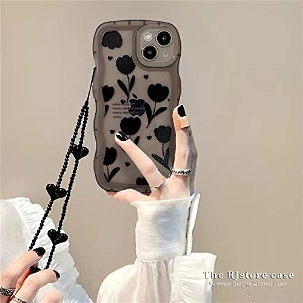 Fycyko Compatible for iPhone 14 Pro Max Case with Cute Simplicity Black Flowers Pattern Design Women Teen Girls Lens Protection Case for iPhone 14 Pro Max +Black Heart Chain