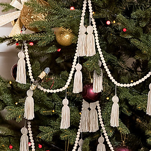 Boho Decor Wooden, 9.8ft Wood Bead Garland with Tassels Bobo Wall Hanging Farmhouse Home Decor Rustic Country Holiday Decoration