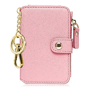 Keychain wallet with ID Window, Credit Card Holder with Zipper Card Wallet Women with Gift Box Packing(Light Pink)