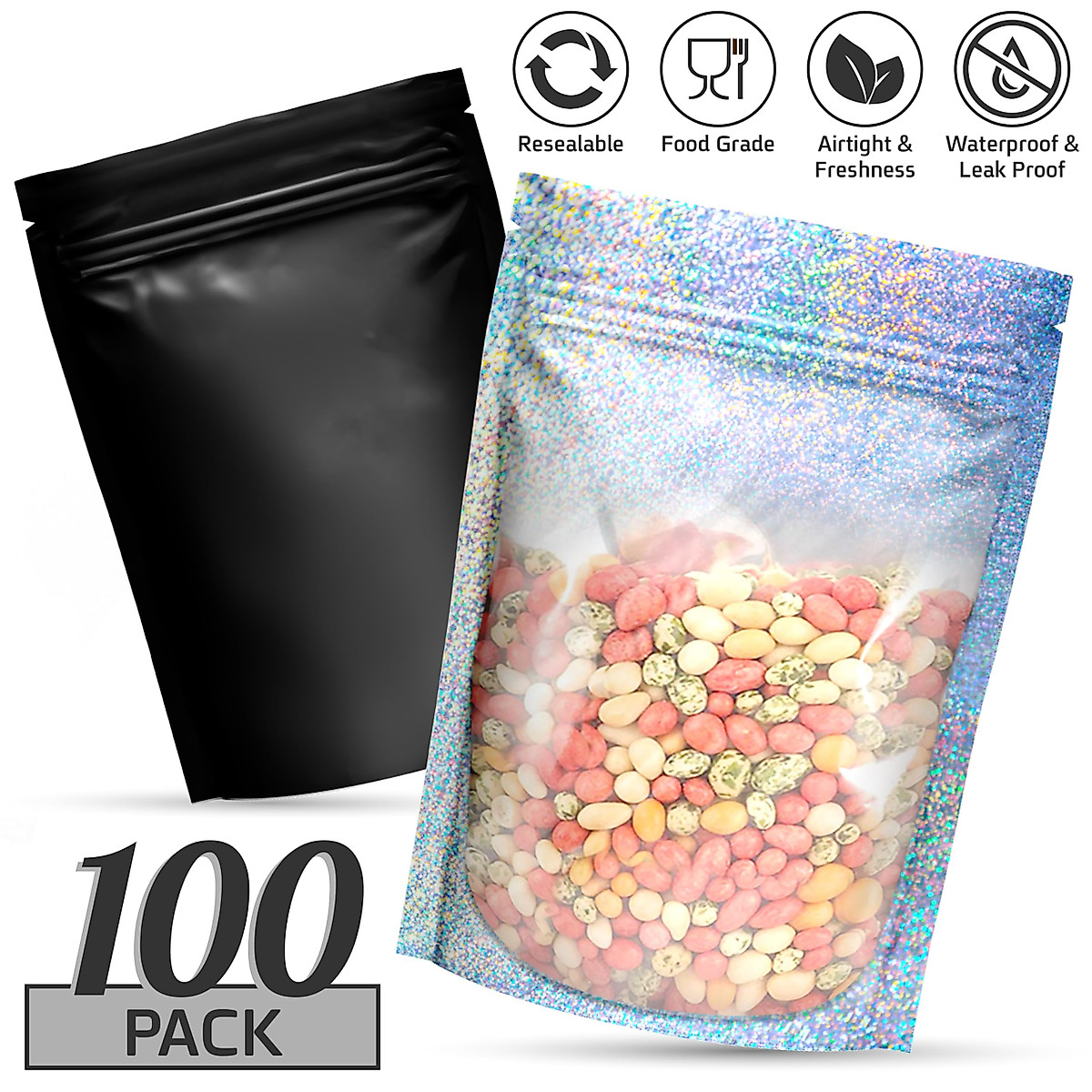 Resealable Black STANDUP Mylar Hologram Metallic Amazing Bags 5 * 8 inches. 100 Pk – Airtight, Waterproof, Zip Lock seal-Opaque Foil Pouch. Food Grade Bags Long shelf-life Storage (Large Black-Metal)