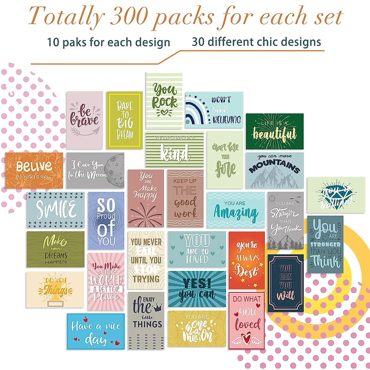 300 Pcs Inspirational Cards Encouragement Cards Mini Positive Affirmations Cards Colored Kindness Motivational Cards Appreciation Cards for Business Student Kids Teachers Gifts 30 Styles 2 x 3.2 Inch