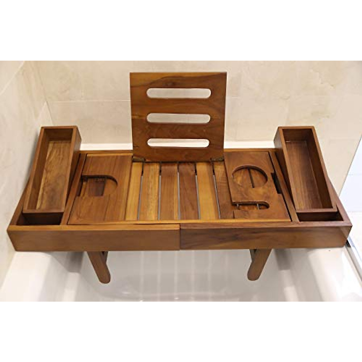 Ala Teak Wood Luxury Bathtub Caddy Tray with Extendable Sides and Bed Tray, Reading Rack, Tablet Holder