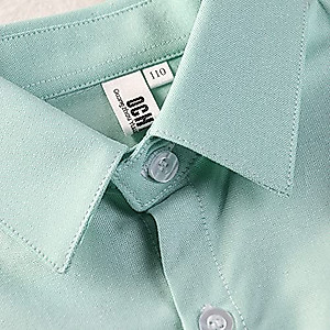 OCHENTA Boys' Short Sleeve Button Down Dress Shirt, Kids Casual Oxford Tops Green Tag 130CM - 5-6 Year