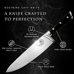 NEUTRINO Pro Chef Knife, 8-Inch Blade, High Carbon Japanese Stainless Steel, Full Tang Handle, Razor Sharp Kitchen Knife for Chopping & Dicing
