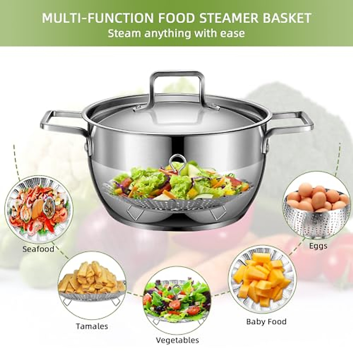 Steamer Basket, Premium Stainless Steel Vegetable Steamer Basket for Veggies & Seafood Cooking, Expandable Food Steaming Basket Fits for Various Size Pots & Pans (6.4" to 10") LAIHIFA