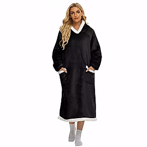 COTTEBED Black Sherpa Hoodie Women Wearable Blanket Men Hooded Sweater Blanket with Pockets Long Sleeve Blanket Robe Adult Comfy Thick Sweatshirt Throws Black