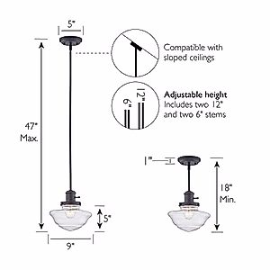Design House 587451 Schoolhouse Modern Industrial Farmhouse Indoor Dimmable Pendant Light with Clear Seedy Glass for Kitchen Dining Bar Area, Matte Black