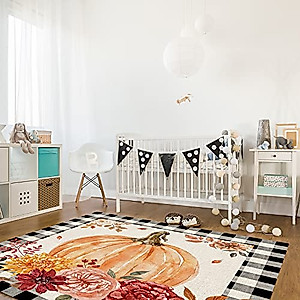 2'x3' Fall Thanksgiving Area Rug,Outdoor Indoor Washable Carpet Area+Rug for Living Room,Boys/Girls Bedroom,Bathroom,Classroom,Kitchen,Hallway,Throw Floor Mat Autumn Pumpkin Flower Leaves Plaid Check