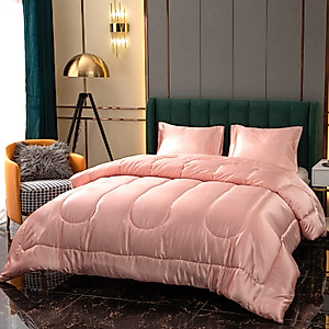 Satin Comforter Set King Size Silk Like Pink Comforter Silky Polyester Filling Bed Comforters Luxury Hotel Satin Pink Girls Bed Comforter 1 Comfrter 2 Pillowcase (King, Pink)