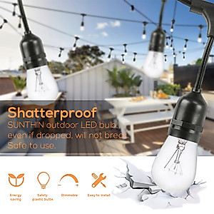 SUNTHIN 25 Pack Dimmable 1W S14 Replacement LED Bulbs, 2700K Warm White Waterproof Outdoor String Lights Vintage LED Filament Bulb, Shatterproof E26 Screw Base Edison LED Light Bulbs