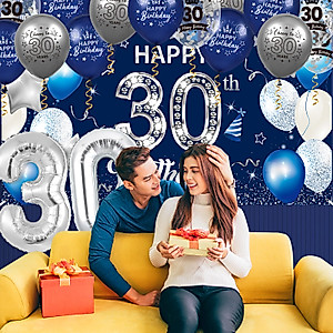 30th Birthday Decorations for Men and Women, 131 PCS Navy Blue Silver 30th Birthday Party Supplies Includes Blue Happy 30th Birthday Banner Balloons Napkins Cups Tablecloth Plates Foil Backdrops for