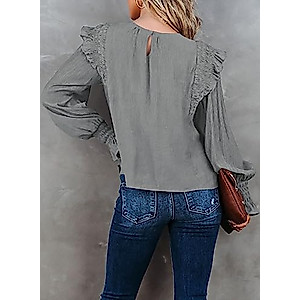 Dokotoo Womens Ladies Ballon Long Sleeve Tops Fall 2023 Crewneck Smocked Cuffs Stylish Ruffle Solid Color Fashion Tops Casual Loose Office Work Shirts Blouses for Women Gray L