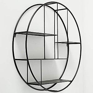 WHW Whole House Worlds Industrial Round Metal Wall Shelf, 4 Levels, Floating, Scandi Contemporary Style, Black Iron, 29 Inches Diameter