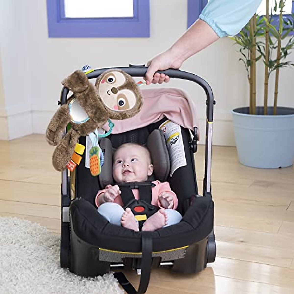 Bright Starts Slingin’ Sloth Travel Buddy Plush Stuffed Animal Take-Along Stroller or Carrier Toy, Ages 0 Month+