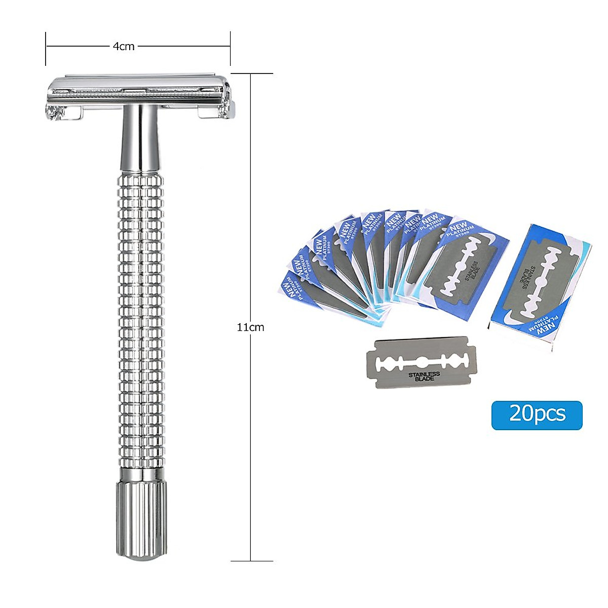 Safety Razor Metal Double-edged Shaving Razor Manual Mustache Removal Traditional Shaving Tool with 20Pcs Razor Blades for Hotel Home Travel (Silver)