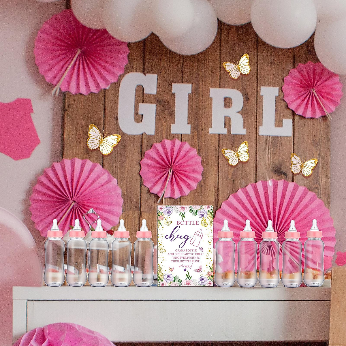 Sherr Butterfly Cool Baby Shower Games Bottle Chug Sign Wooden Butterfly Baby Gift Sets Gender Reveal Party Favors and 12 Pcs Baby Bottle Shower Favor Baby Bottles for Baby Shower Games Gender Reveal