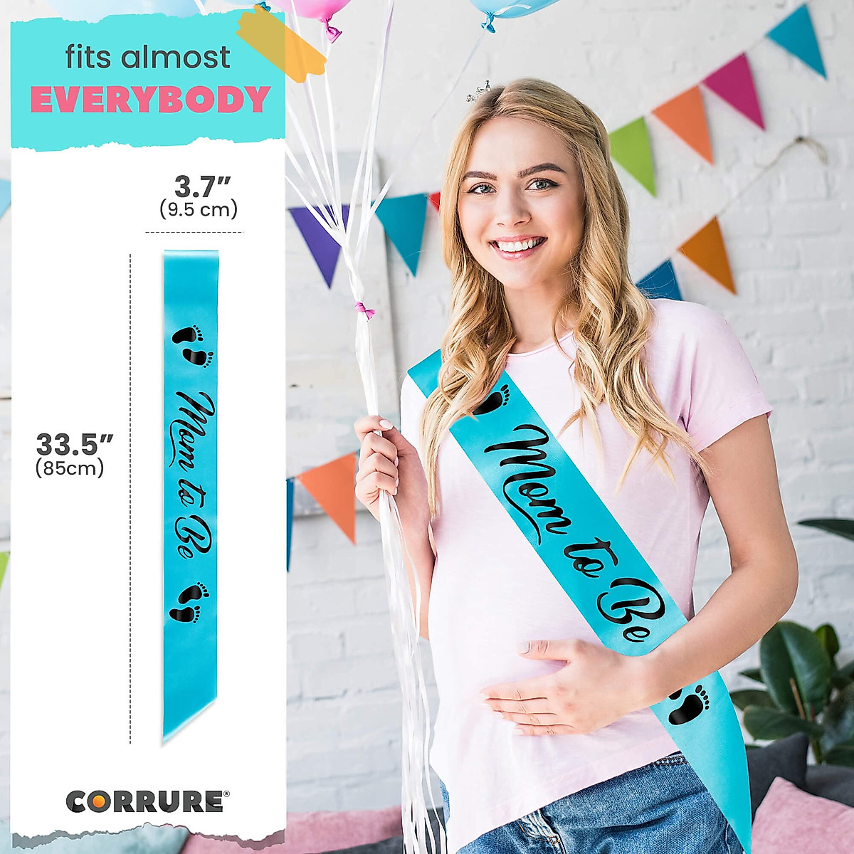 CORRURE Baby Shower Mom to Be Sash for Boy or Girl - Beautiful Blue Ribbon Sash and Black Foil Text - Ideal Gender Reveal, Baby Shower Favors, Welcome Baby, Mom to Be or Baby Sprinkle Gift