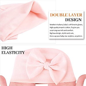 Newborn Hospital Hats Gloves Baby Infant Bow Beanie Cotton Caps No Scratch Hat Mittens Set for 0-6 Months