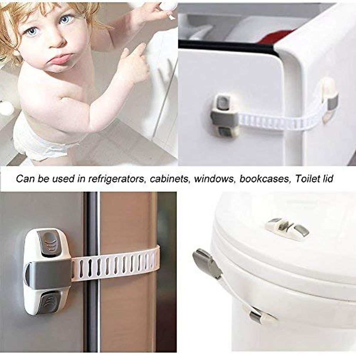 Child Safety Locks, Adjustable Strap to Cabinets, Drawers, Cupboard, Dishwashers, Toilet, Oven, Fridge, Closet, Seat, Door, Window, Adhesive No Tools or Drilling Required (Grey)