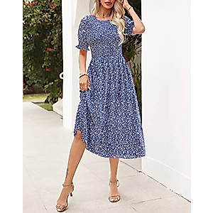 Maggeer 2023 Summer Cute Boho Tiered Puff Short Sleeve Smocked Midi Dresses for Women Blue-1 XS