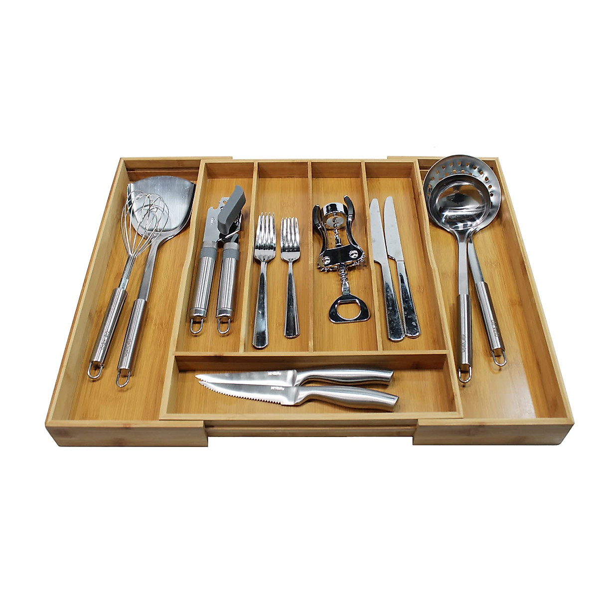 DE'VELO Adjustable Bamboo Kitchen Drawer Organizer - Silverware Organizer and Cutlery Tray with Grooved Drawer Dividers for Flatware and Kitchen Utensils (5-7 Slot)