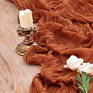 MLMC 3 Pack Fall Table Runner Terracotta Cheesecloth Table Runner 10ft Wrinkled Rustic Burnt Orange Cheese Cloth Table Runner Bulk 35x120 Inches for Thanksgiving Bridal Baby Shower Decor