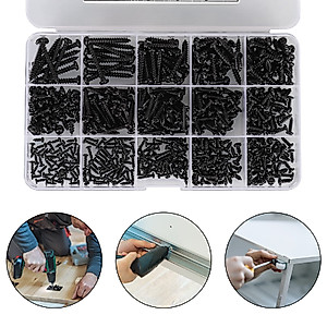 HanTof 625pcs M2 M3 M4 Phillips Pan Head Self-Tapping Wood Screws,14 Sizes Cross Recessed Round Head Self Tapper Screws Assortment Kit for Wood,Plastic and Soft Metal,Black Carbon Steel,Sharp Point