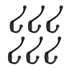 Renovators Supply Manufacturing Black Wrought Iron Robe and Coat Double Hooks 5 in. Long Rustic Entry Way Hat or Jacket Hanger Wall Mount Rust Resistant Bathroom Towel Hooks with Hardware Pack of 6