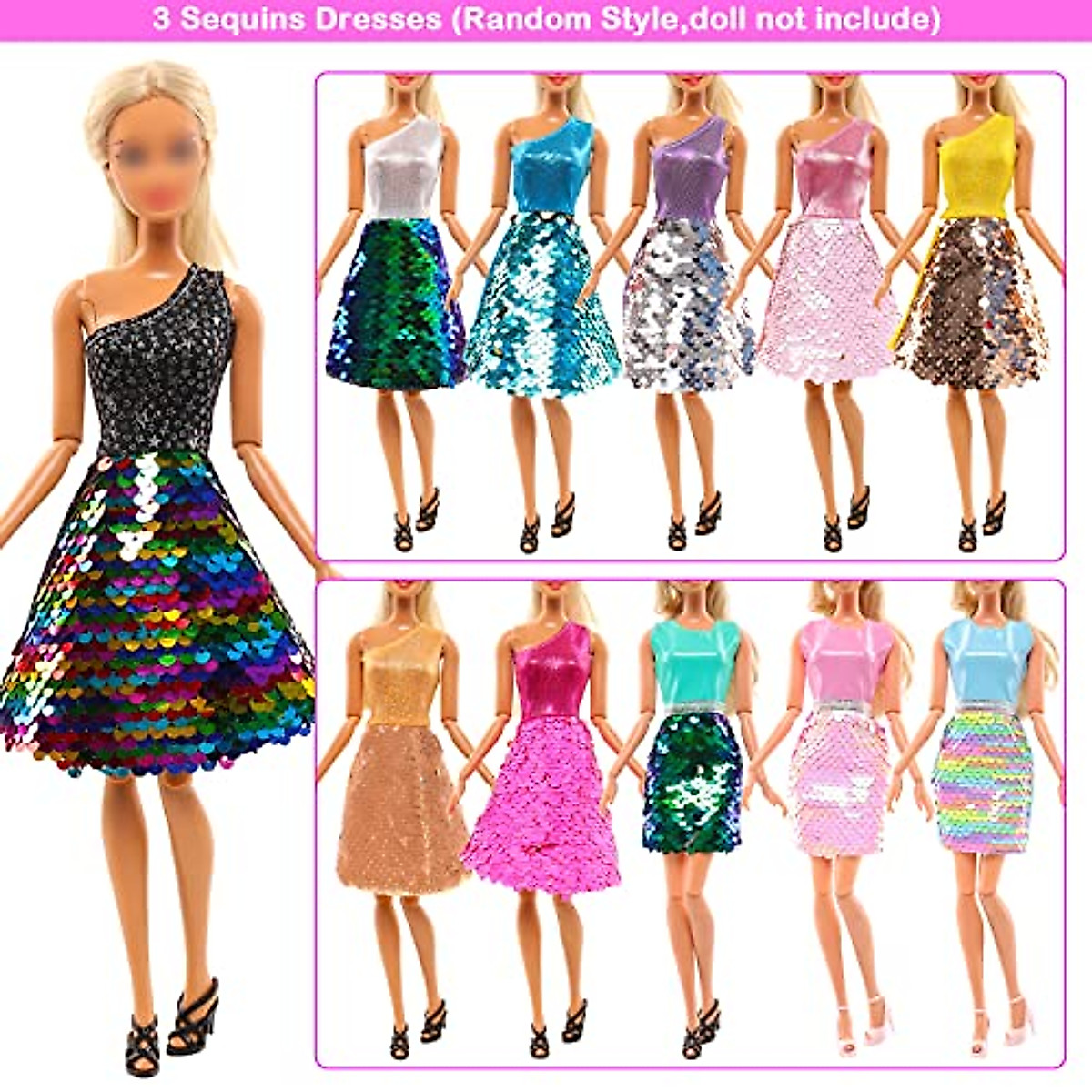 BARWA 10 Sets Doll Clothes Including 3 Sequins Dresses 3 Fashion Floral Dresses 4 Casual Outfits Tops and Pants for 11.5 inch Girl Dolls…